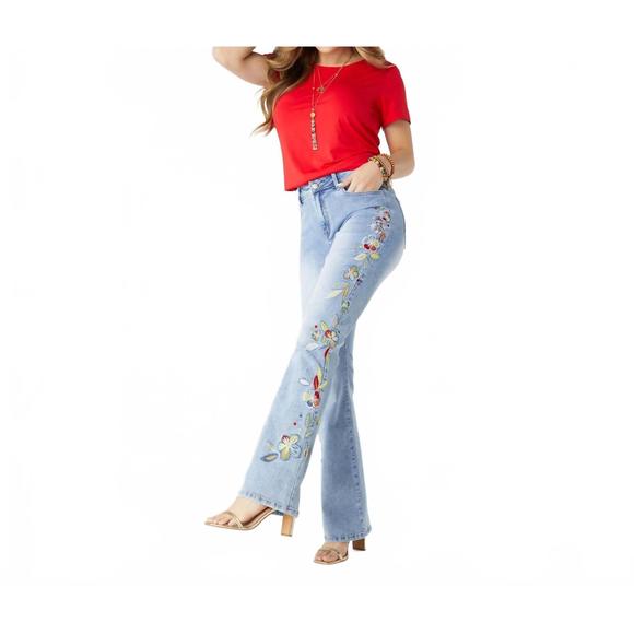 NEW COCO + CARMEN everstretch flare with bright color embroidery jeans ...